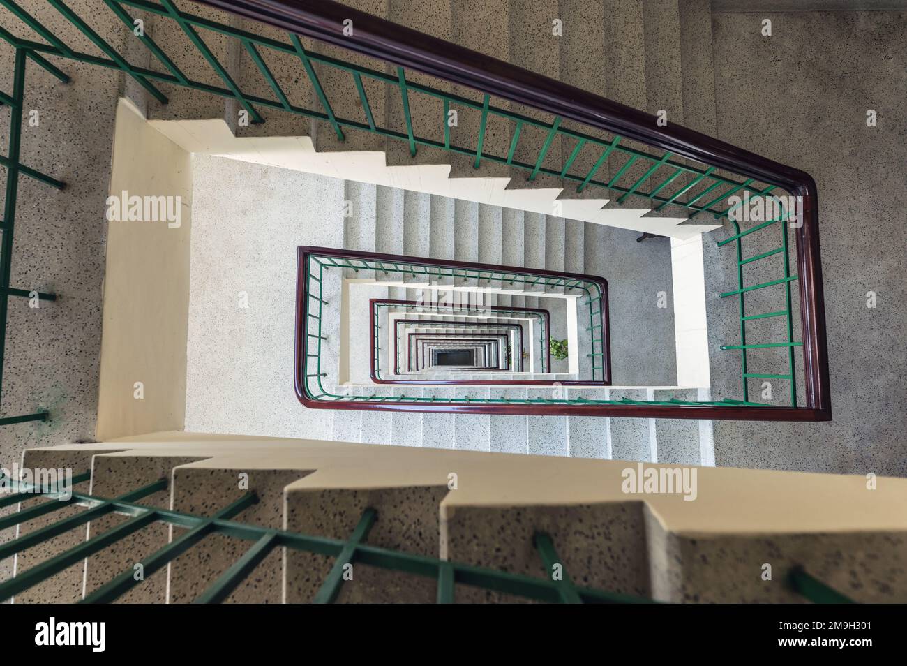 Top view of Architecture retro rectangle shape staircase swirl in hotel ...
