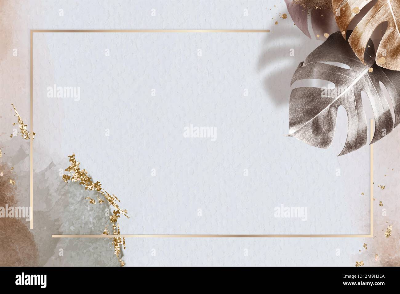 Rectangle gold frame with metallic monstera leaf background vector ...