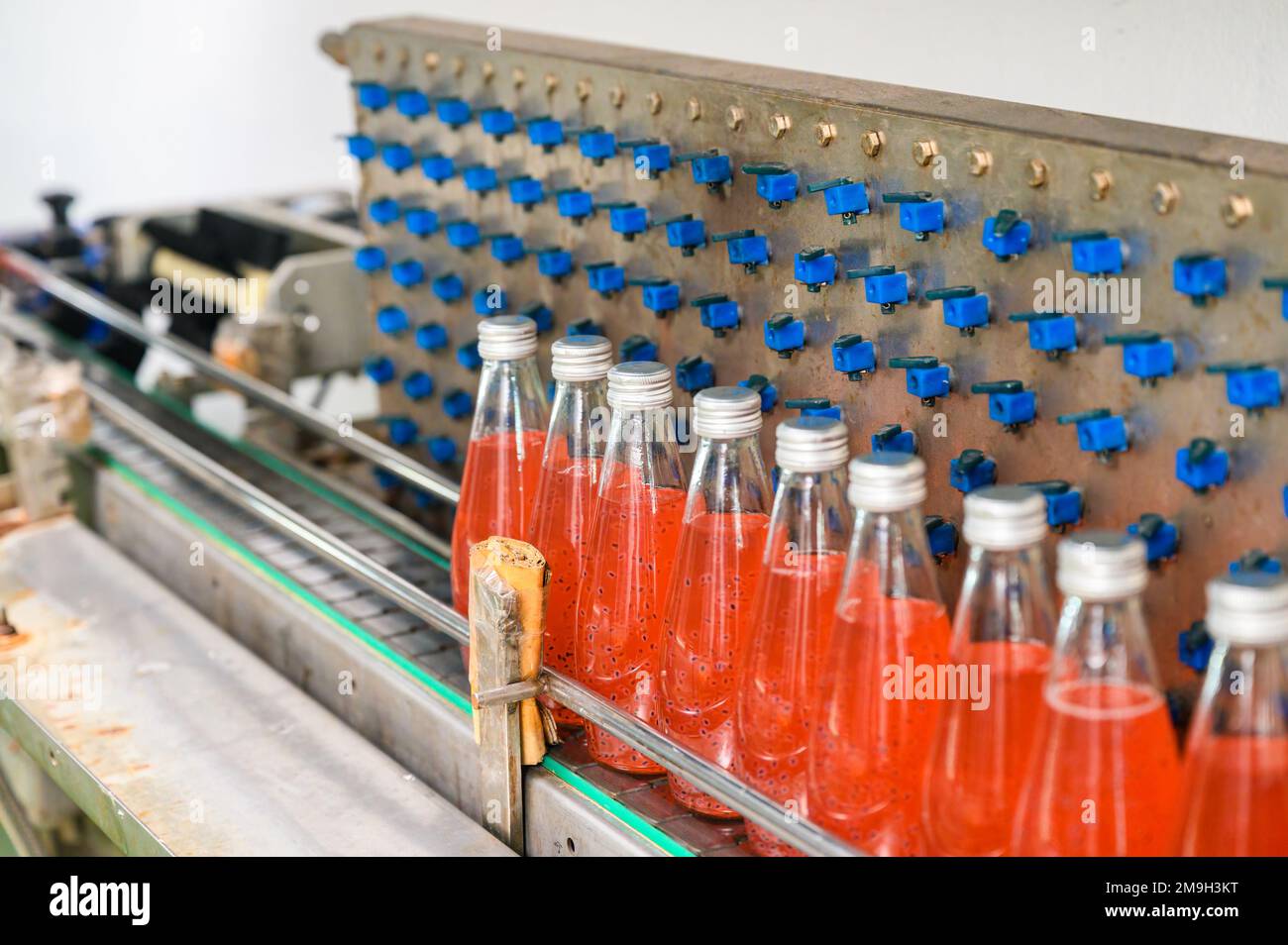 Automated production line of bottled juice beverage moving on conveyor ...