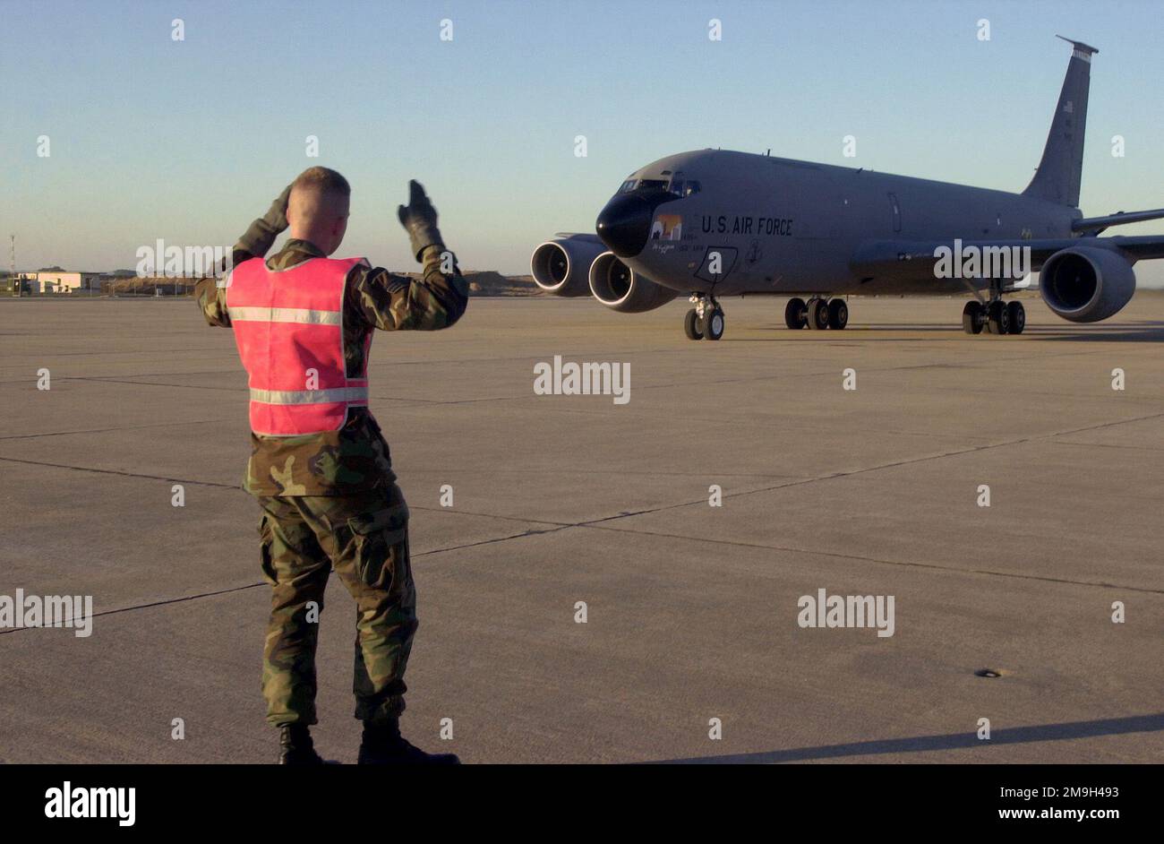 SENIOR AIRMAN (SRA) Dan Westman marshals a KC-135 Stratotanker ...