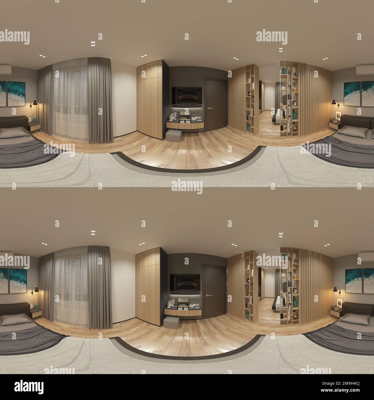 VR panorama of a bedroom interior with a modern design, gray walls and ...
