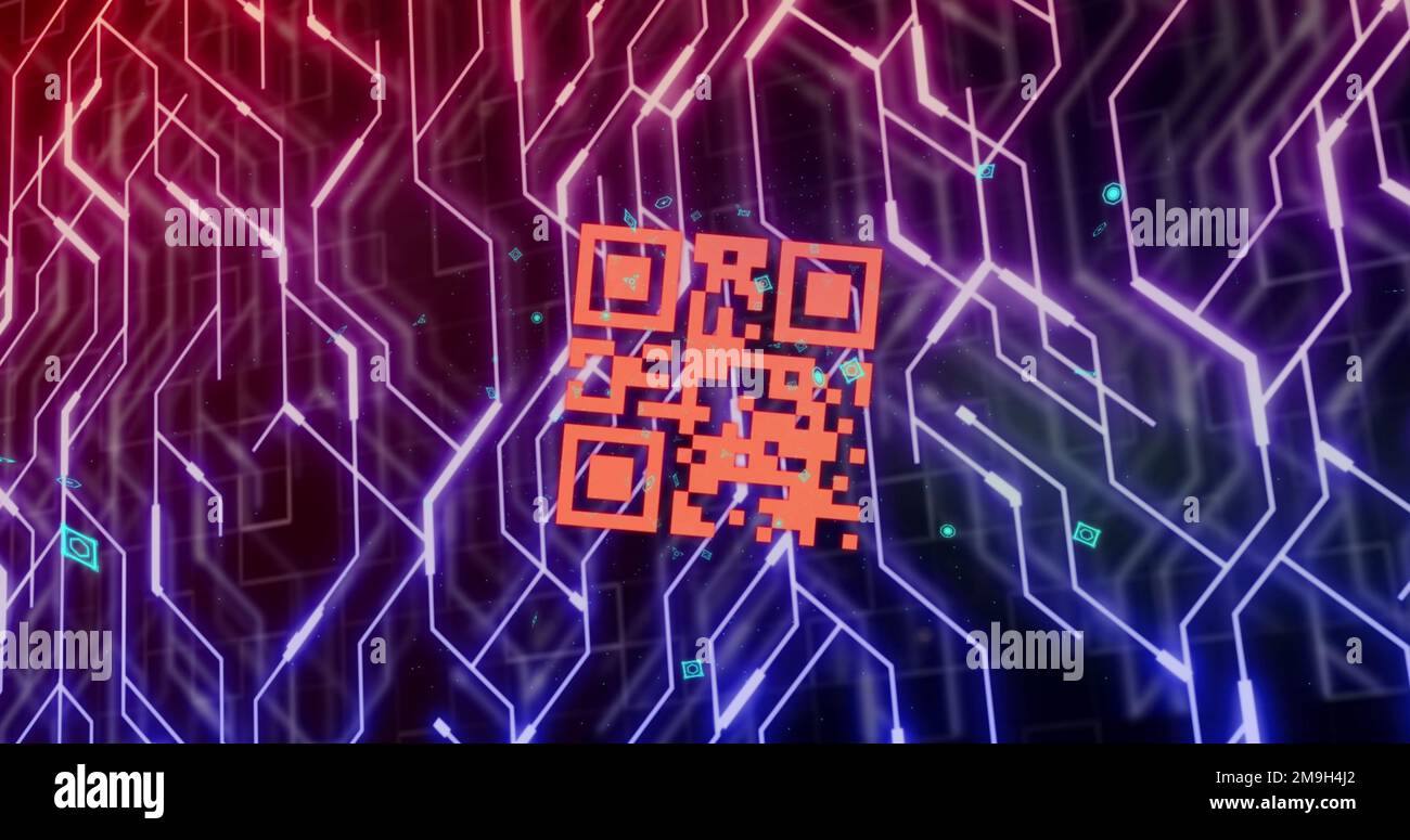Composition of qr code over neon shapes on black background Stock Photo ...