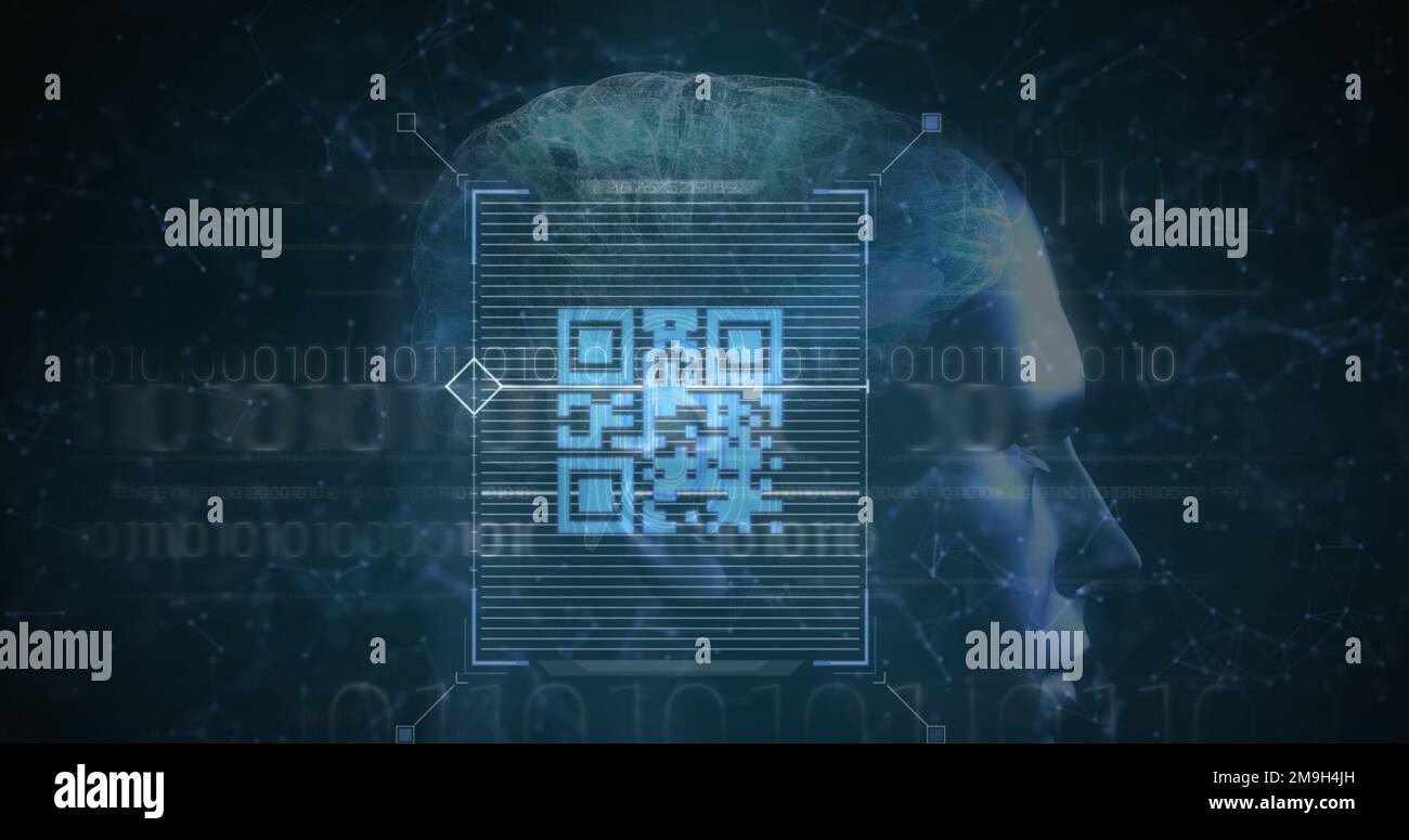 Image of qr code over binary code and human head model Stock Photo - Alamy
