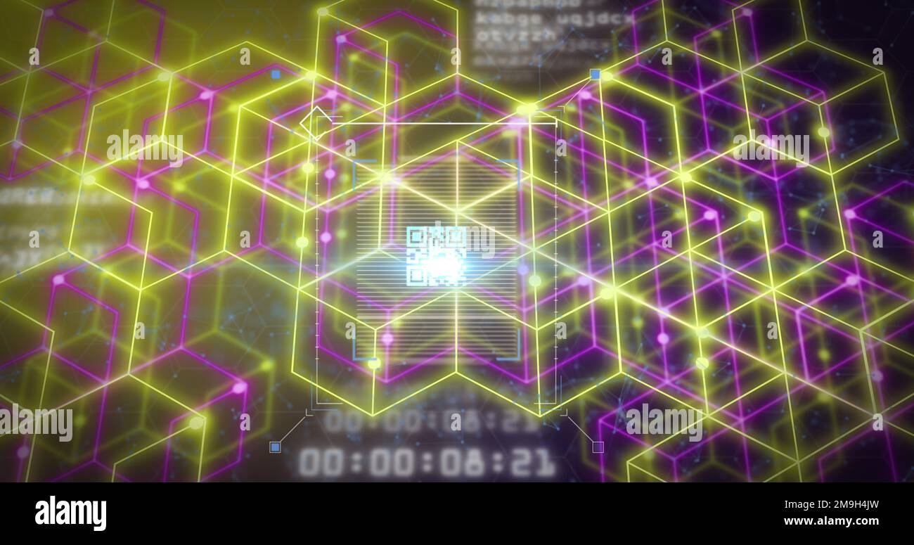 Composition of qr code over neon shapes and data processing on black background Stock Photo - Alamy