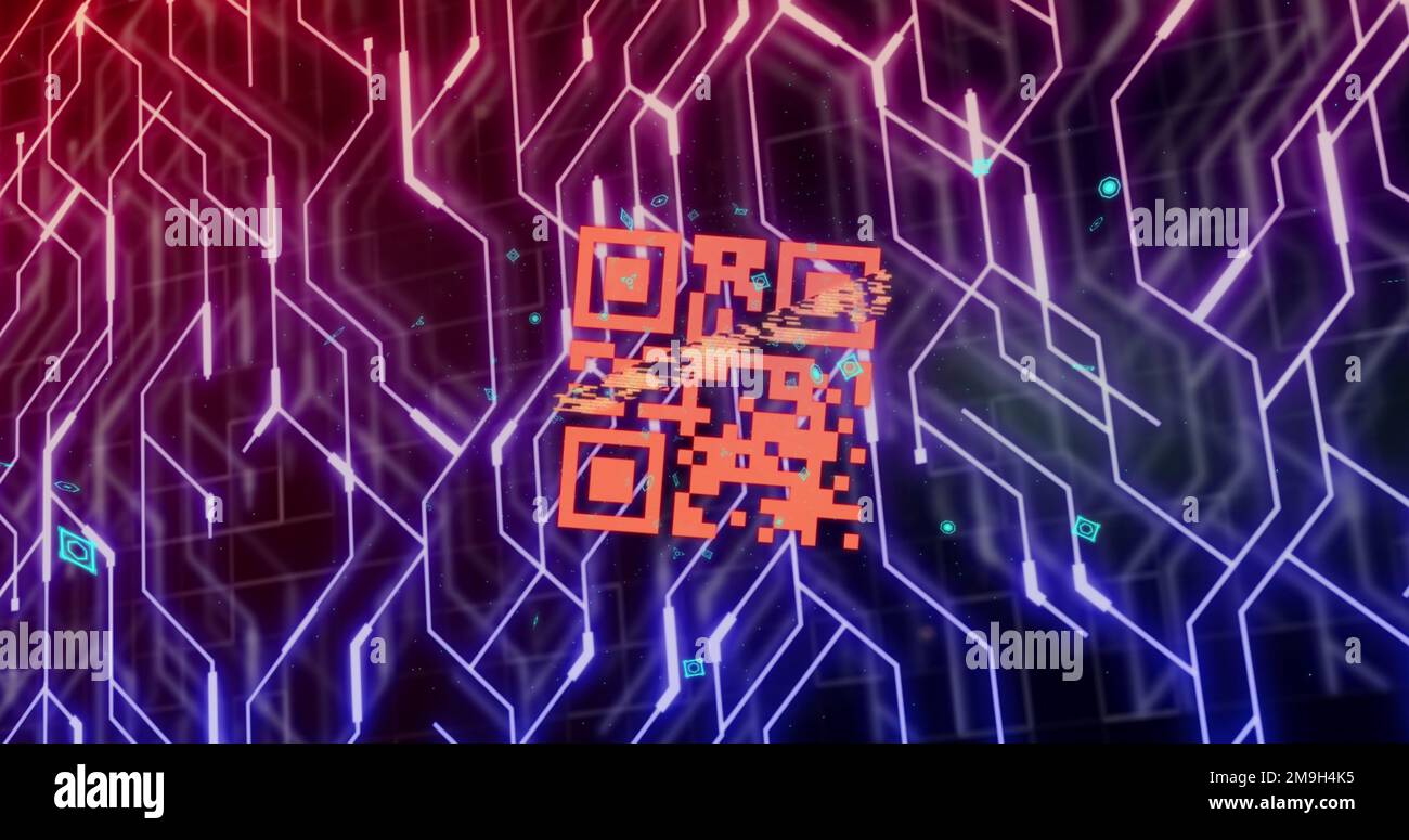 Composition of qr code over neon shapes on black background Stock Photo ...