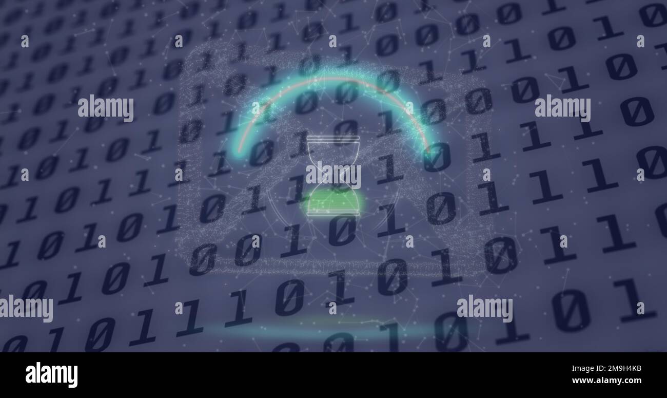 Image of neon circle with hourglass over binary code on digital screen ...
