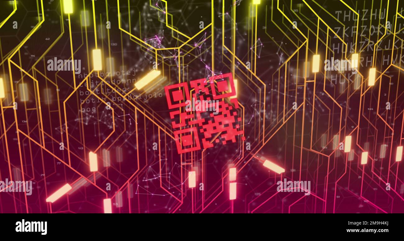 Composition of qr code over neon shapes and data processing on black background Stock Photo - Alamy