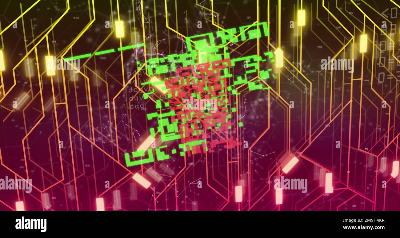Composition of qr code over neon shapes and data processing on black background Stock Photo - Alamy
