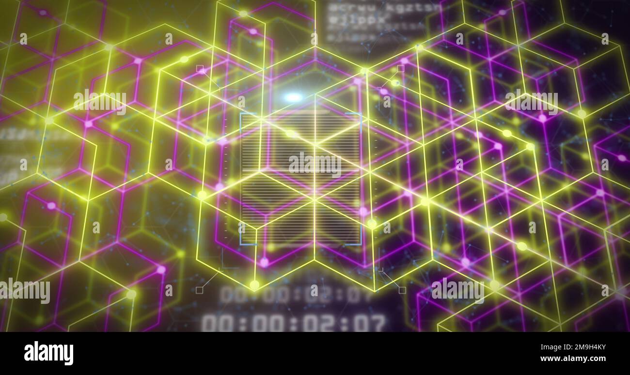 Composition of neon shapes over data processing on black background Stock Photo - Alamy