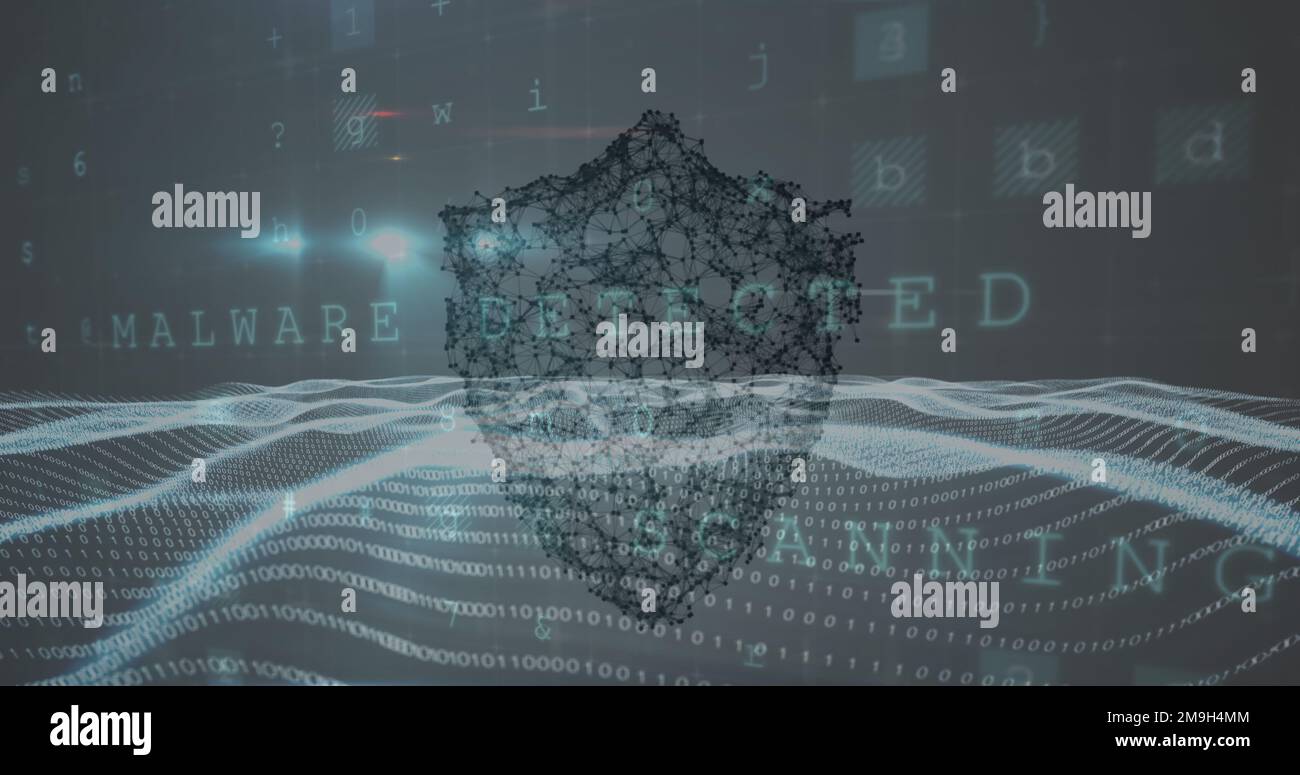 Composition of data processing with cyberattack warning and shield icon ...