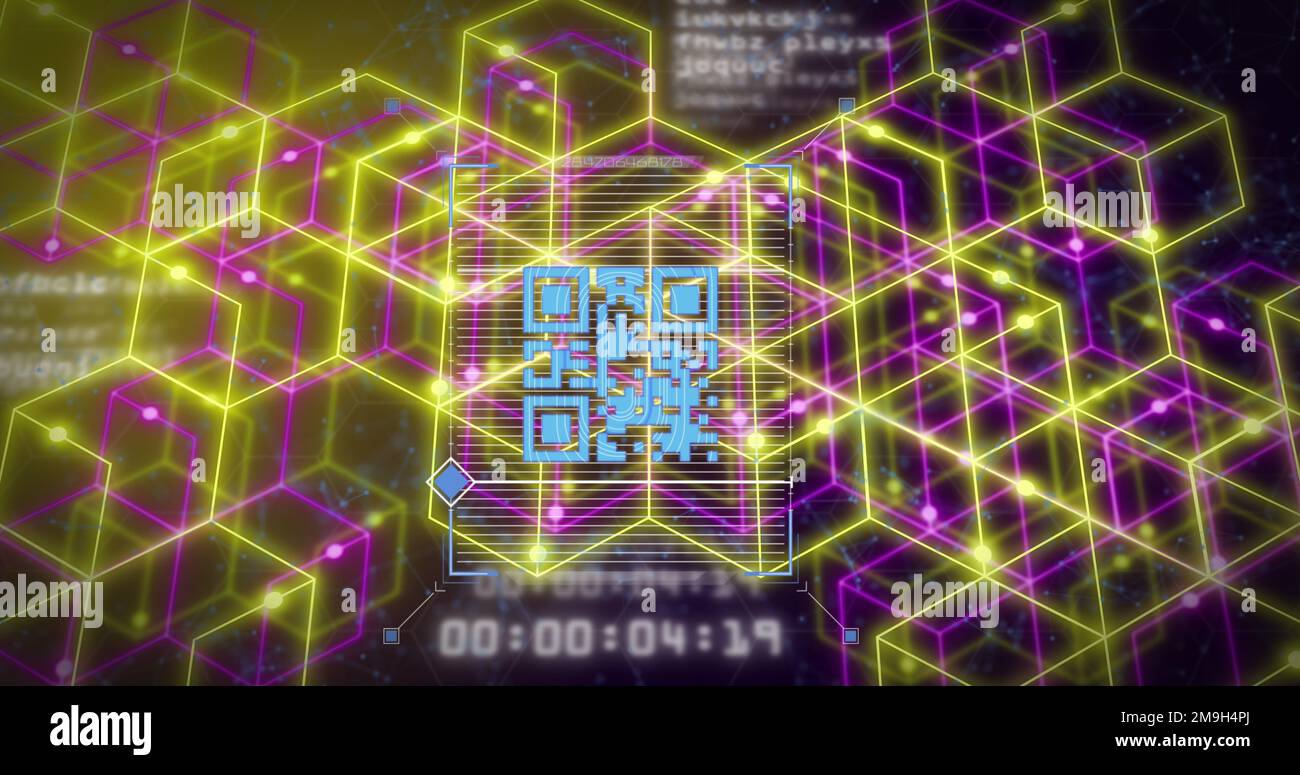 Composition of qr code over neon shapes and data processing on black background Stock Photo - Alamy