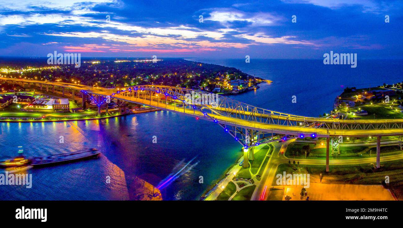 Aerial view of Blue Water Bridge at sunset, Port Huron, Michigan, USA ...