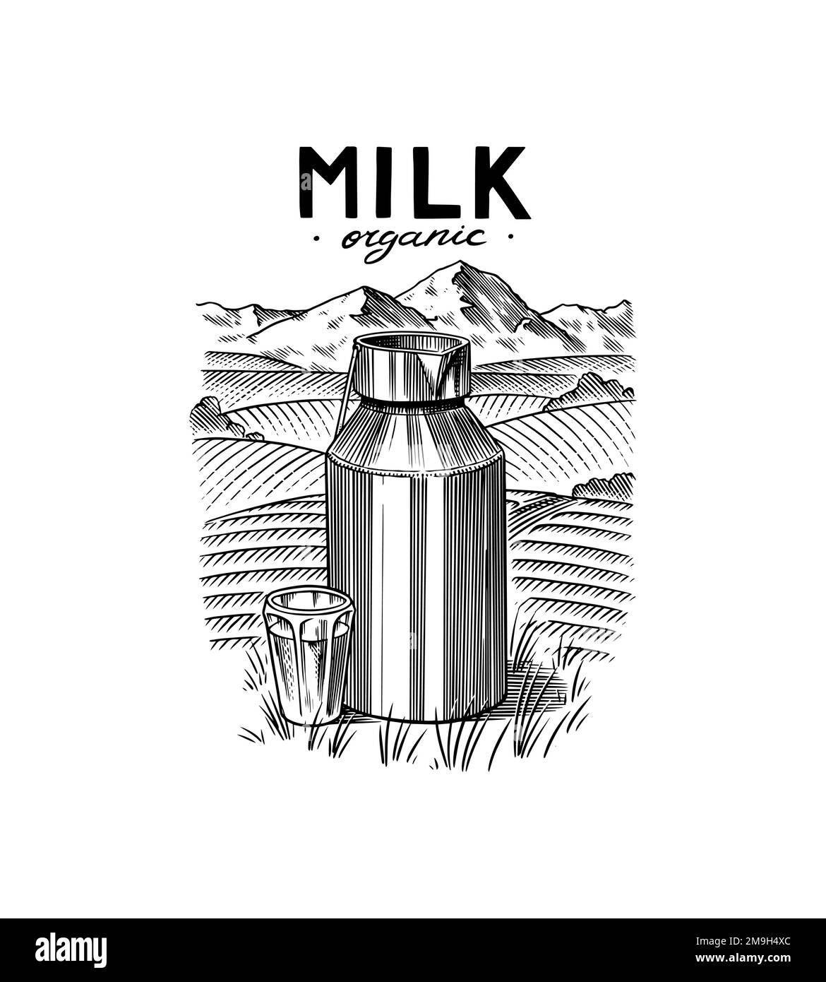 Milk can label. Jug and glass against the backdrop of mountains ...