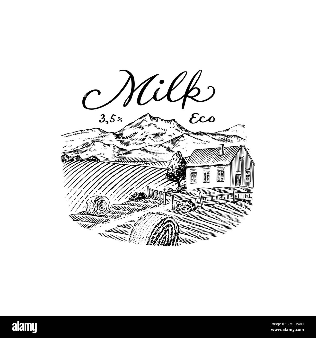 Rural village landscape. Field and mountains. Milk logo for shop. Badge ...
