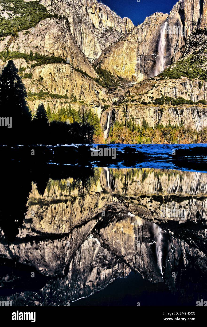 Landscape with view of waterfalls in Yosemite Valley, Yosemite National ...