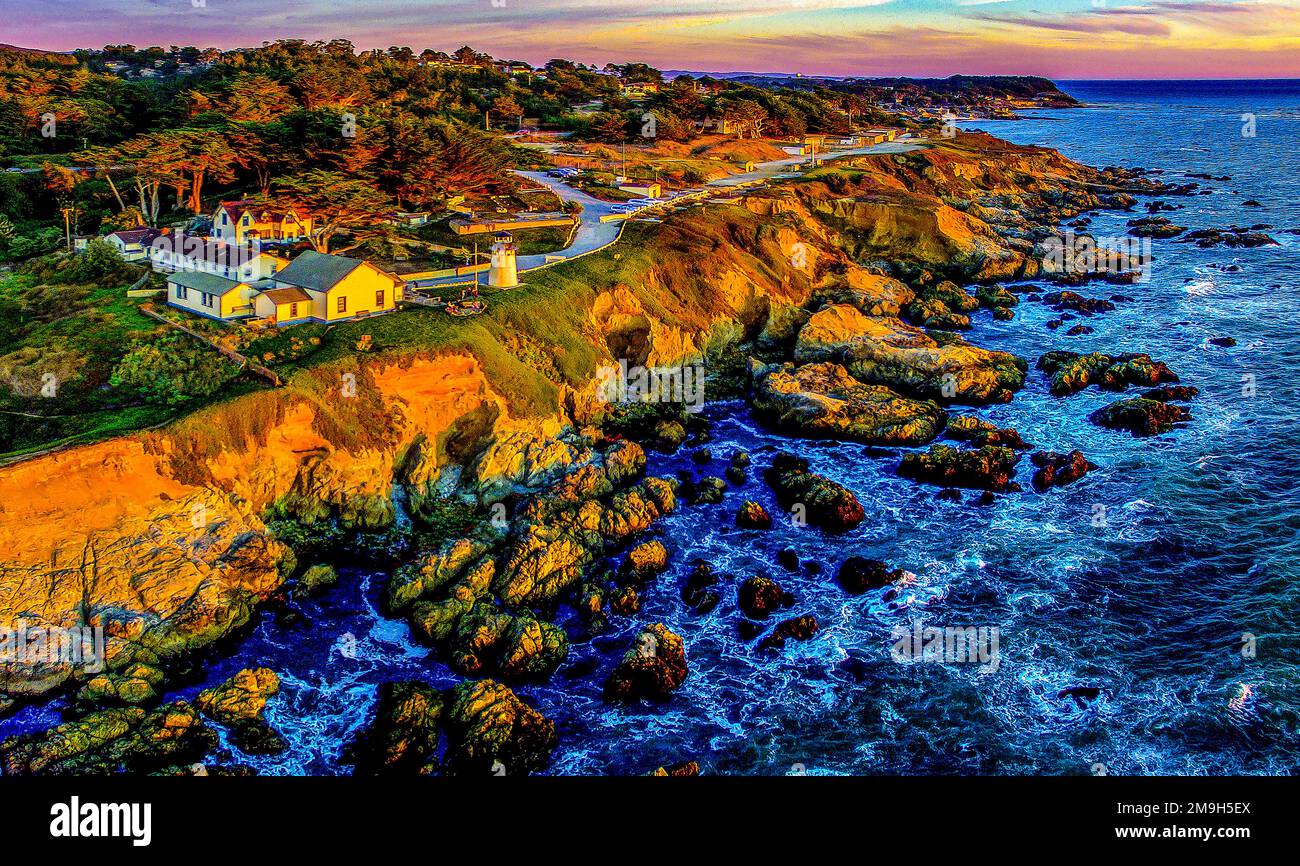 Aerial view of coastline with Point Montara Lighthouse, Montara ...