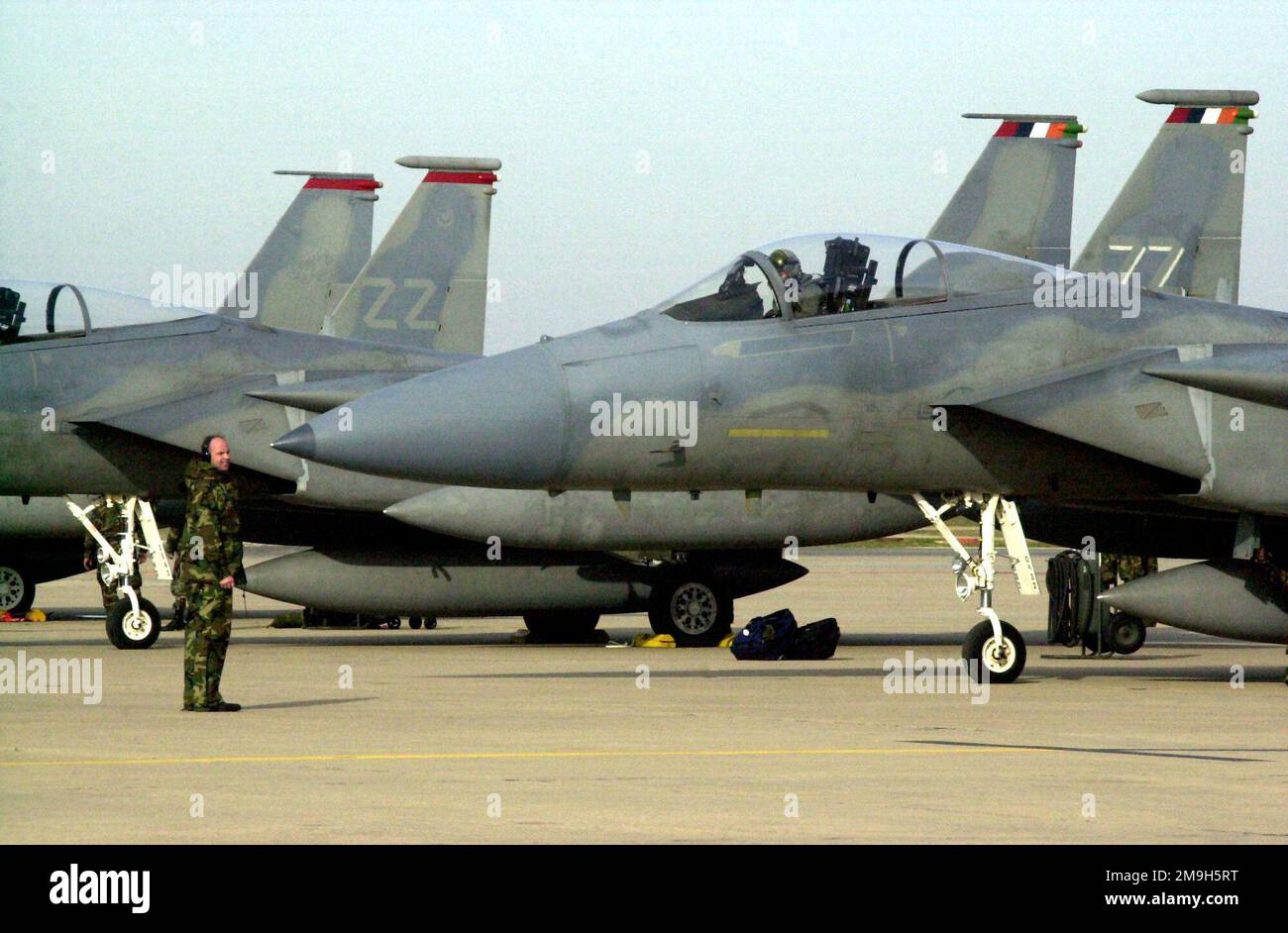 A ground crew member faces off against a United States Air Force F-15C ...