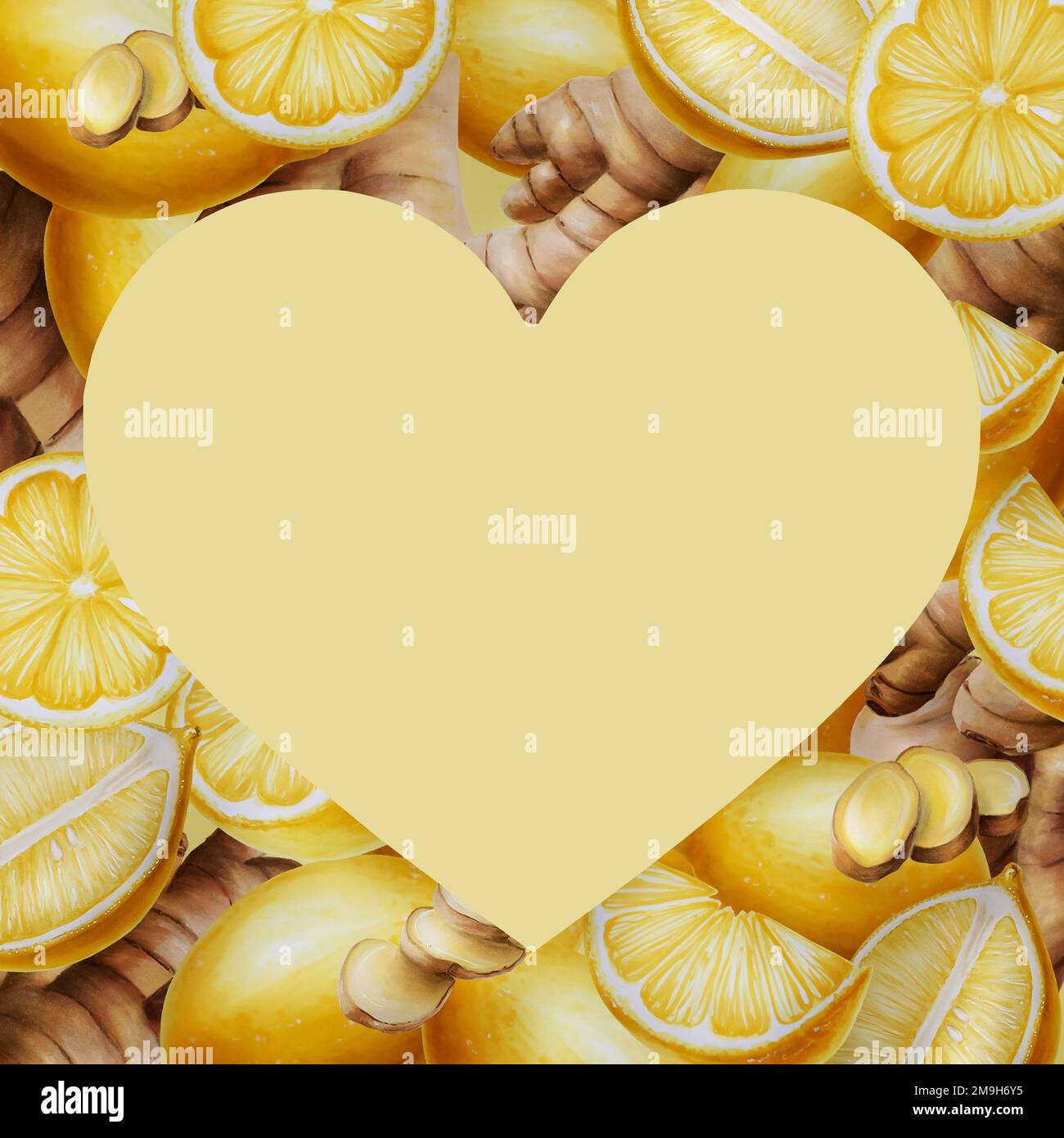 Watercolor heart frame with ginger and lemon. Includes ginger root and ...