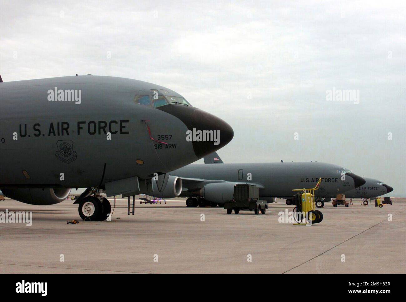 US Air Force KC-135R aircraft with the 319th Aerial Refueling Wing sit at a forward Air Base ...