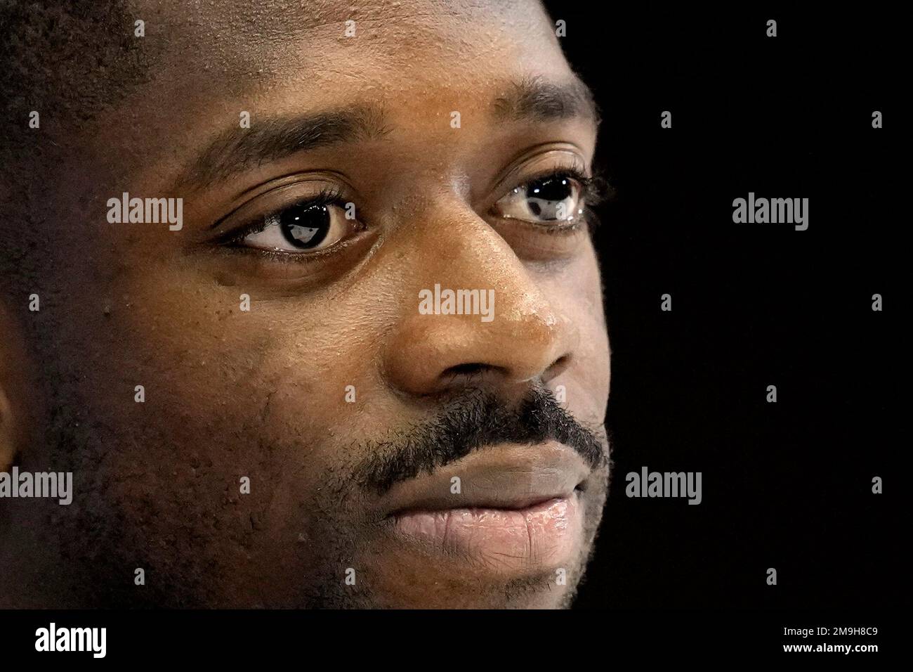 France's Ousmane Dembele attends a press conference at the Jassim Bin ...