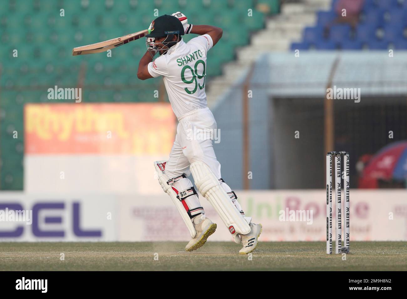 Bangladesh's Najmul Hossain Shanto plays a shot during the third day of ...