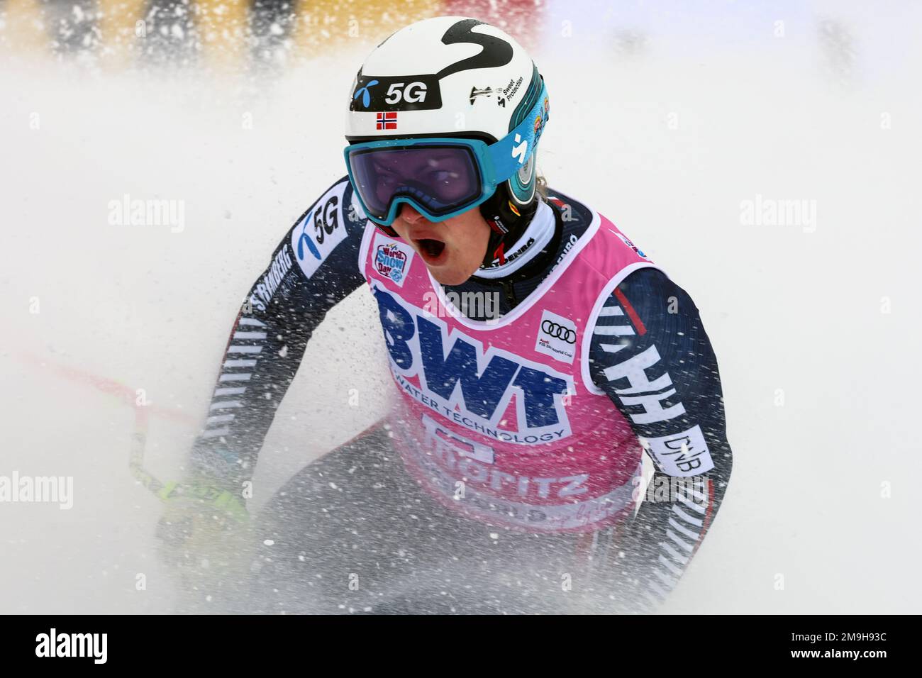 Norway's Ragnhild Mowinckel reacts after completing an alpine ski ...