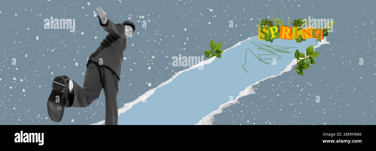 Man runs towards spring. Concept of spring time, happy mood, comparison ...