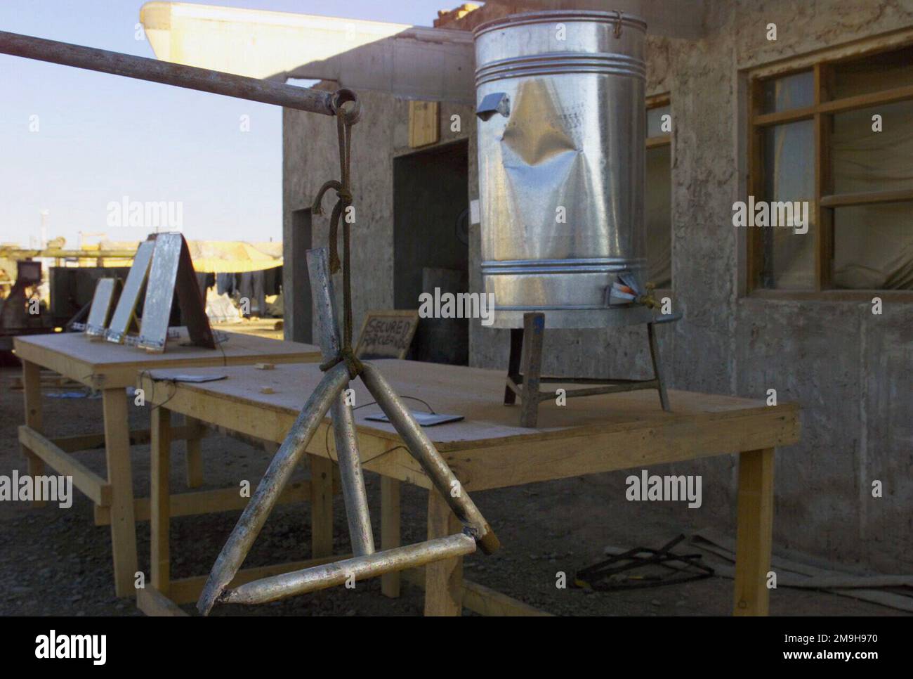 A view of a hygiene station at the forward operating base located at ...