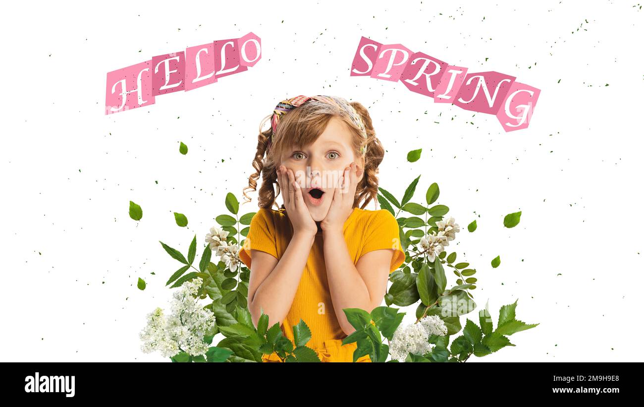 Greeting card with charming surprised girl. Concept of spring time ...