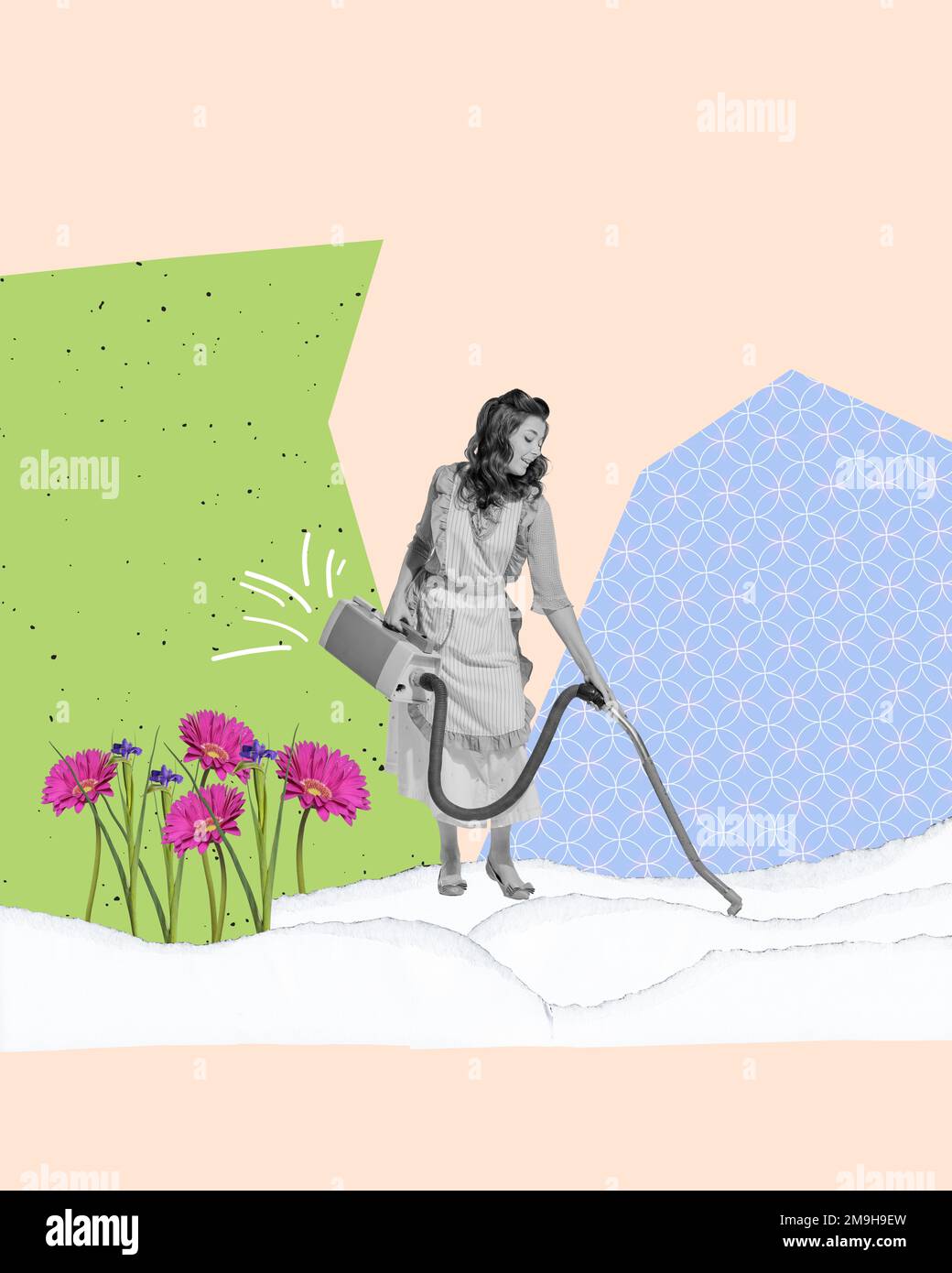 Contemporary art collage. Young pretty girl with retro vacuum cleaner ...