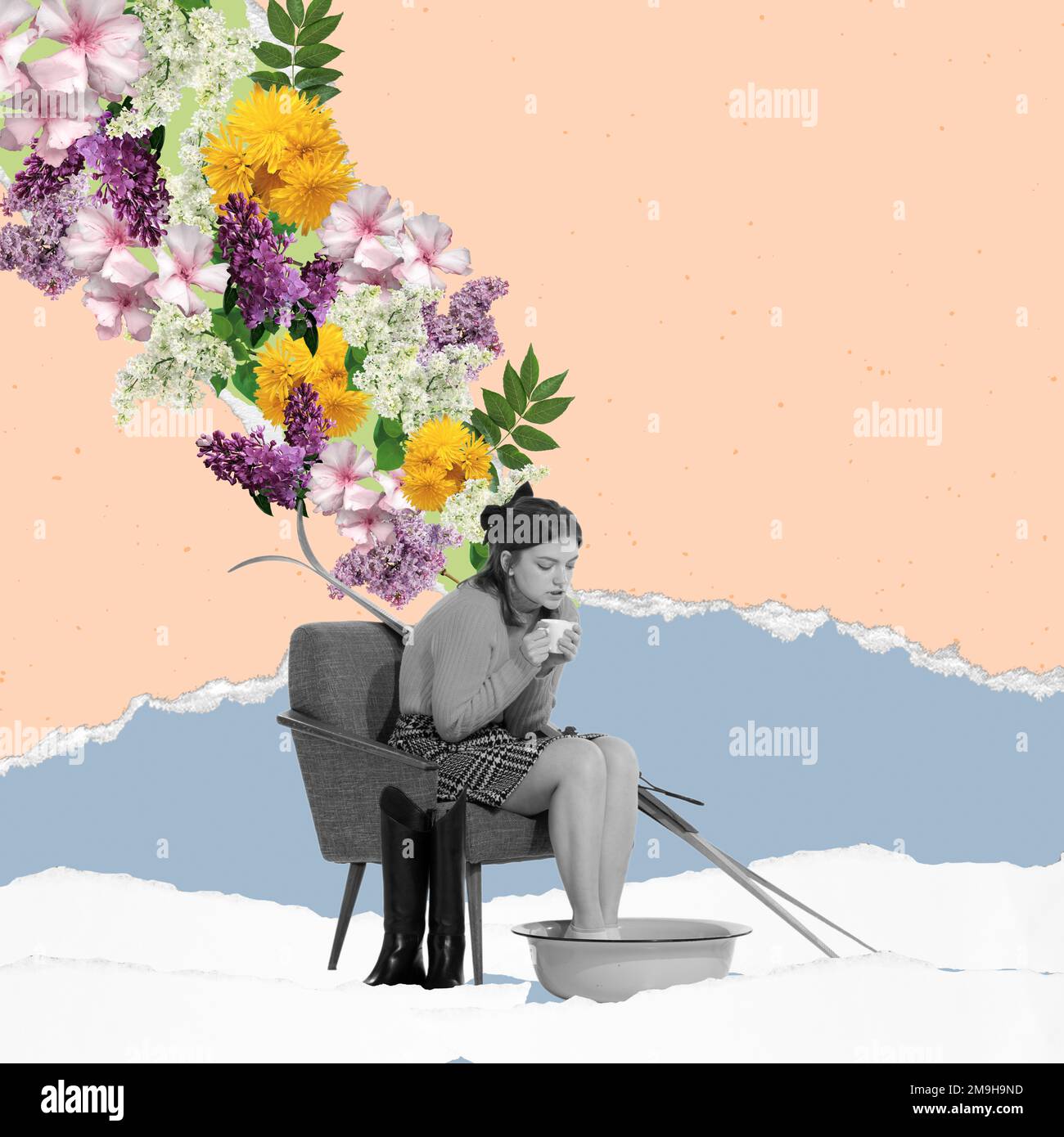 Sad girl sitting at home in cold weather and dreaming about warm spring ...