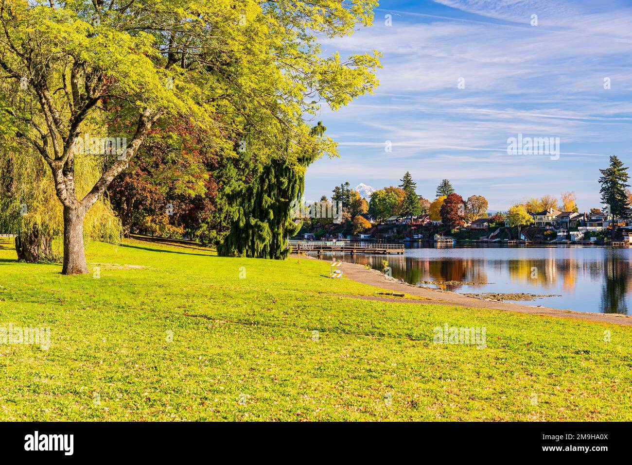 Landscape with trees on lakeshore in autumn, Blue Lake Regional Park ...