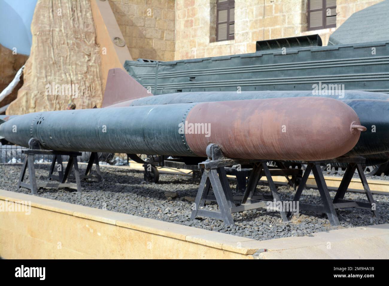 Cairo, Egypt, January 7 2023: old marine torpedo missile used in old ...