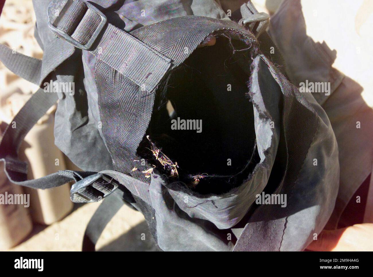 A view of a damaged sleeping bag stuff sack used by a Marine with Kilo ...