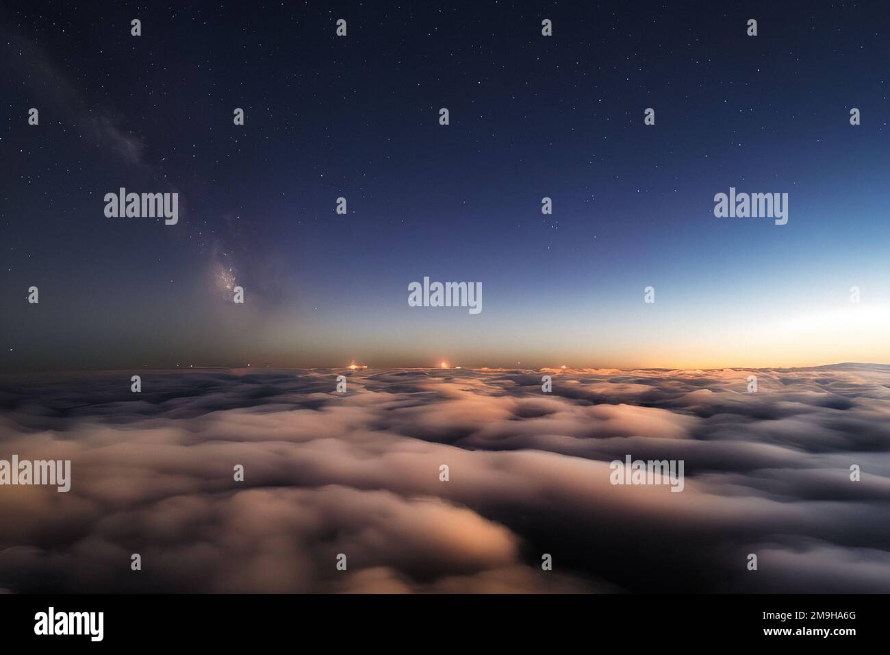 Beautiful scenic view of a misty landscape at sunset with epic stars in ...