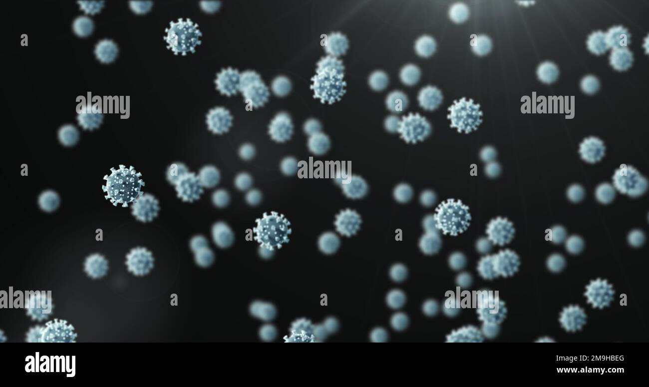 Illustration of lens flare rays with infected cells against black ...