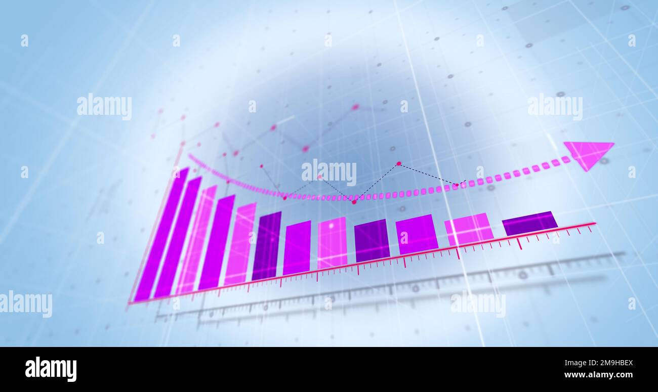 Image of statistics and pink arrow over grid on blue background Stock ...