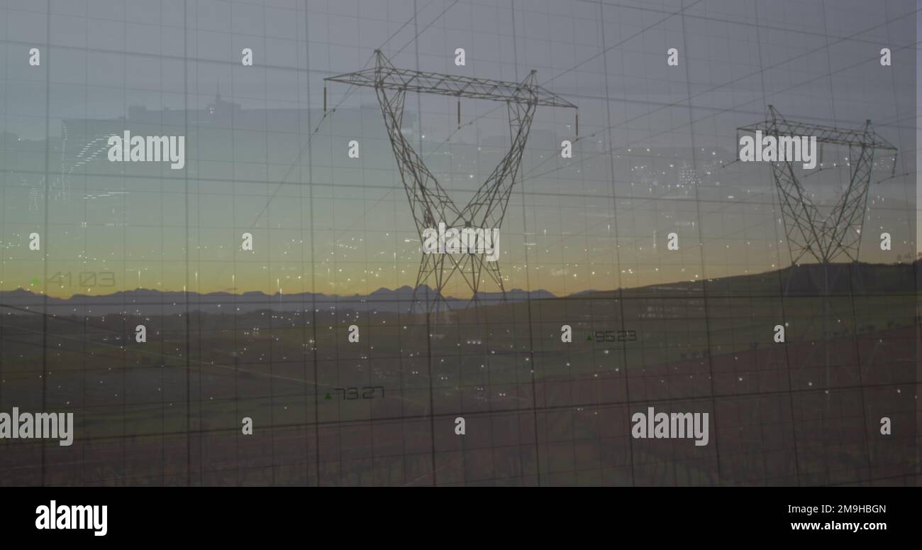 Composite of electricity pylons and data processing Stock Photo - Alamy