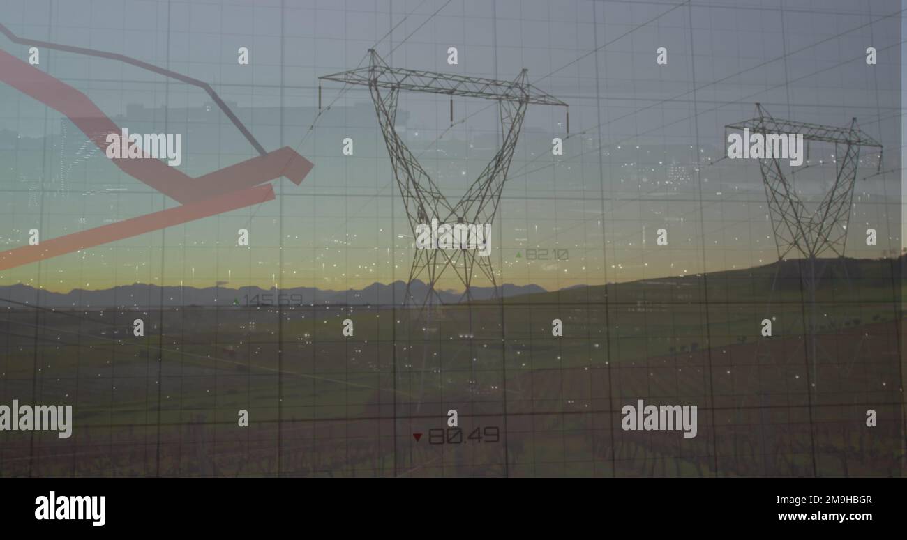 Composite of red lines, electricity pylons and data processing Stock ...