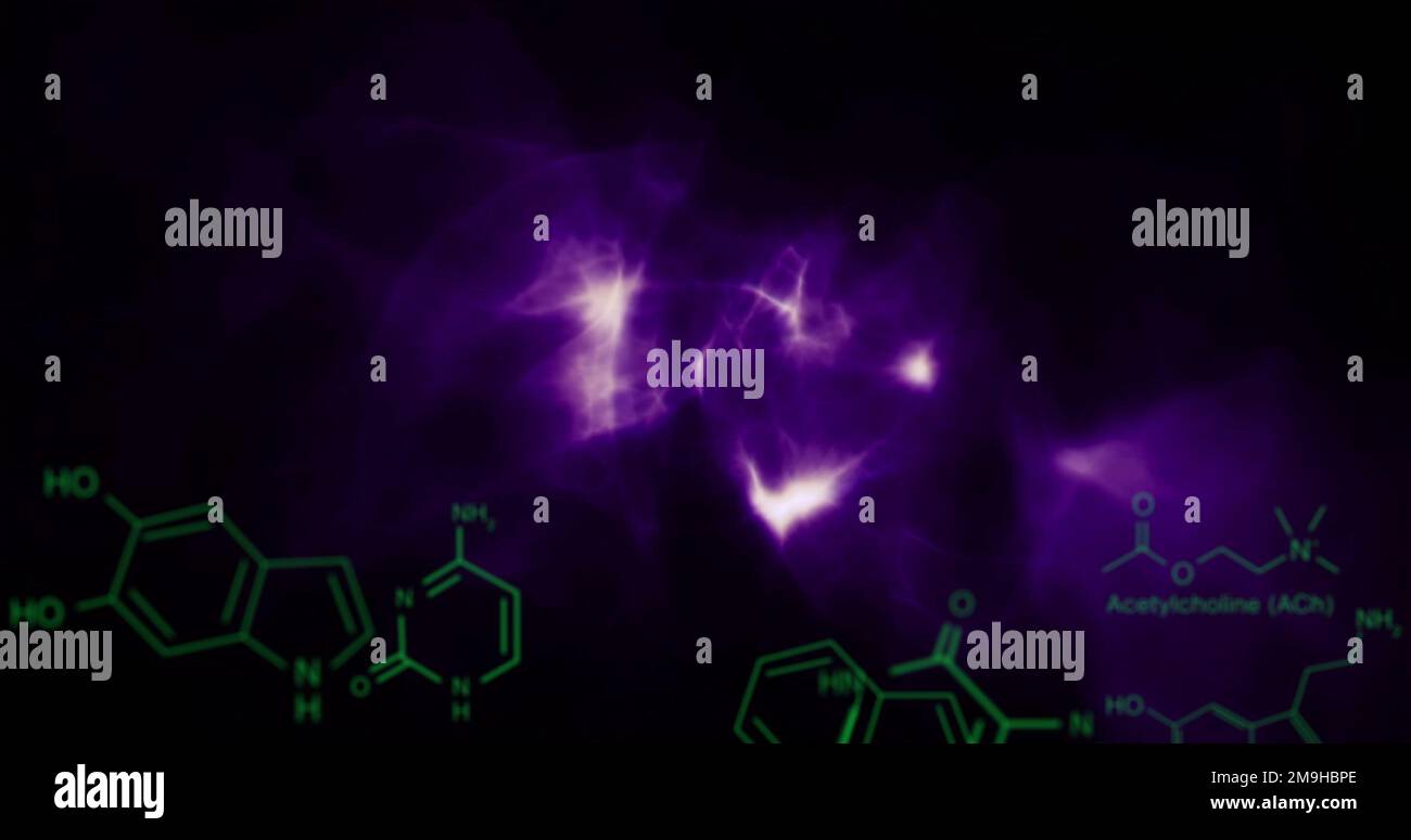 Composition of light trails over chemical formula on black background ...