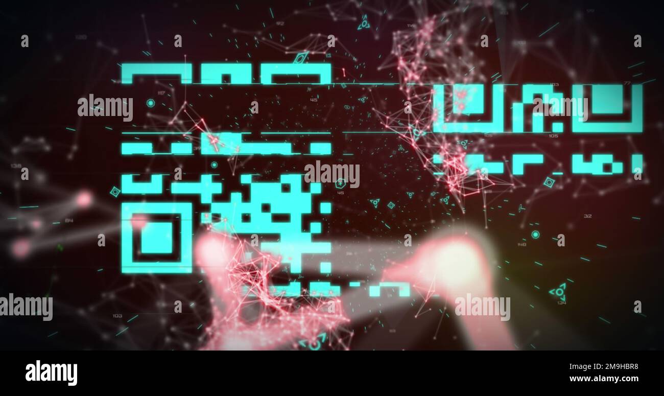 Image of flickering qr code over network of connections and neon lights ...