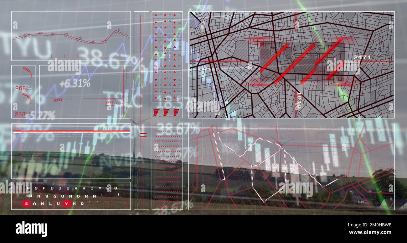 Image of digital interface and stock market data processing against ...