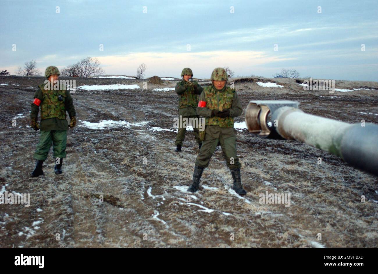 Three Japanese self Defense Force (JGSDF) members evaluate the ...