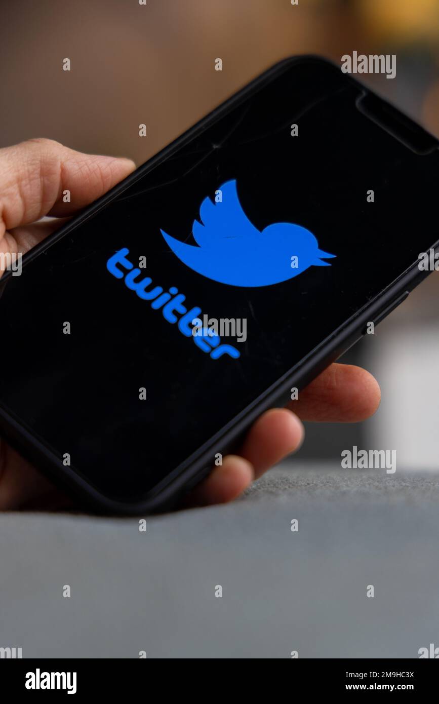 Hand holding a smartphone with Twitter icon on screen. Blue bird and ...