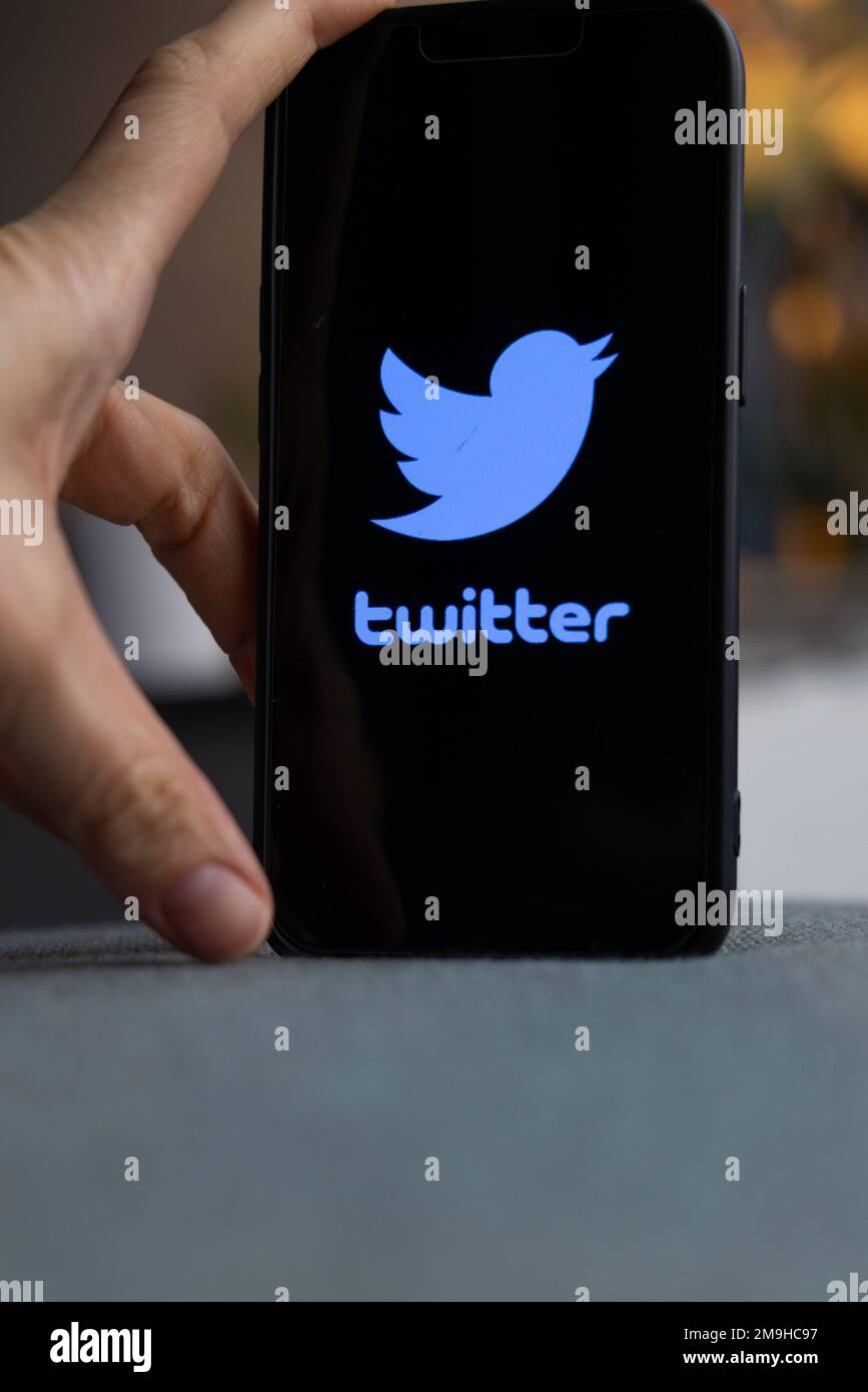 Hand holding a smartphone with Twitter icon on screen. Blue bird and ...