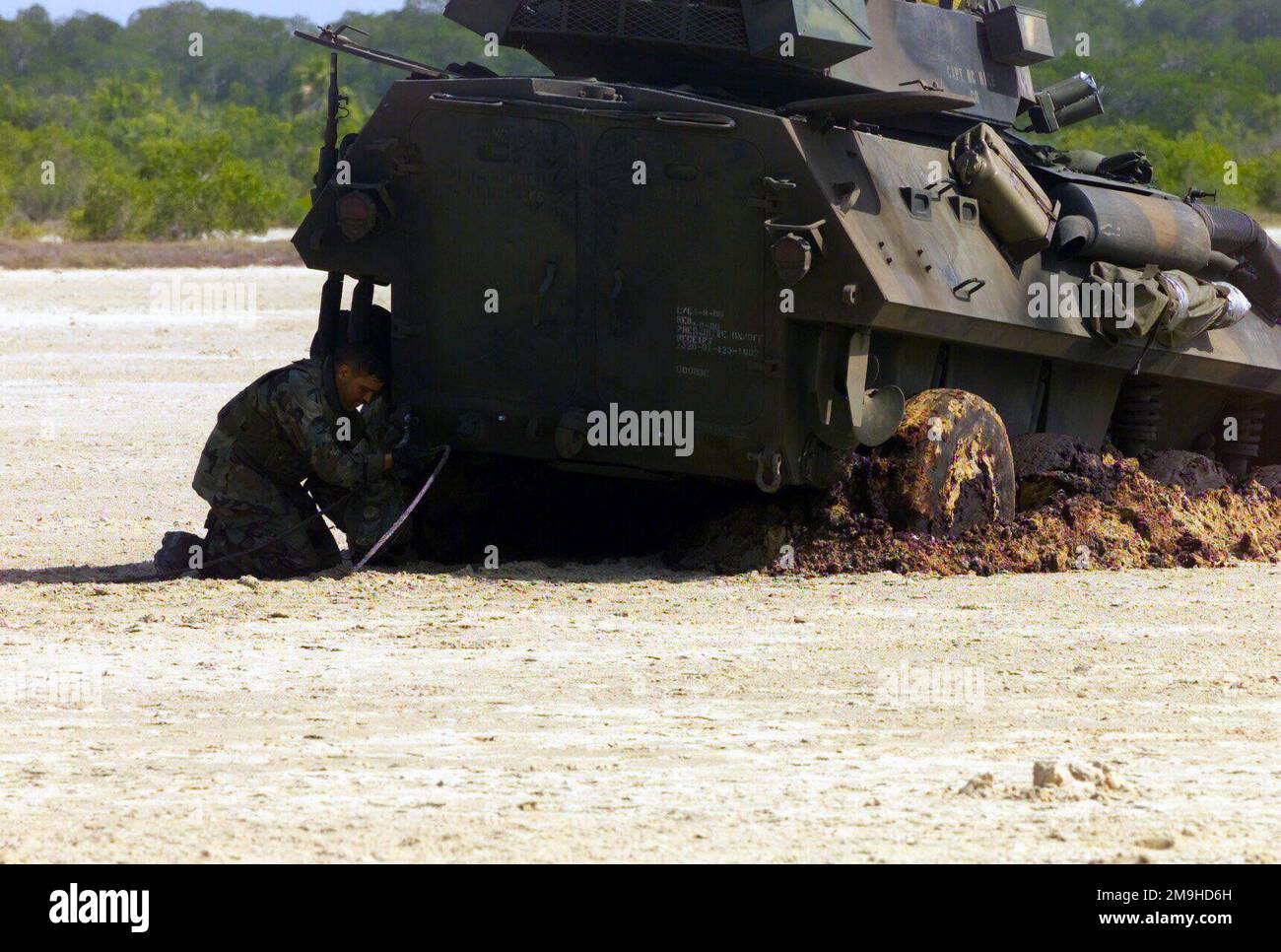 Stuck up to the axle a Light Armored Vehicle-25 (LAV-25) gets hooked up ...