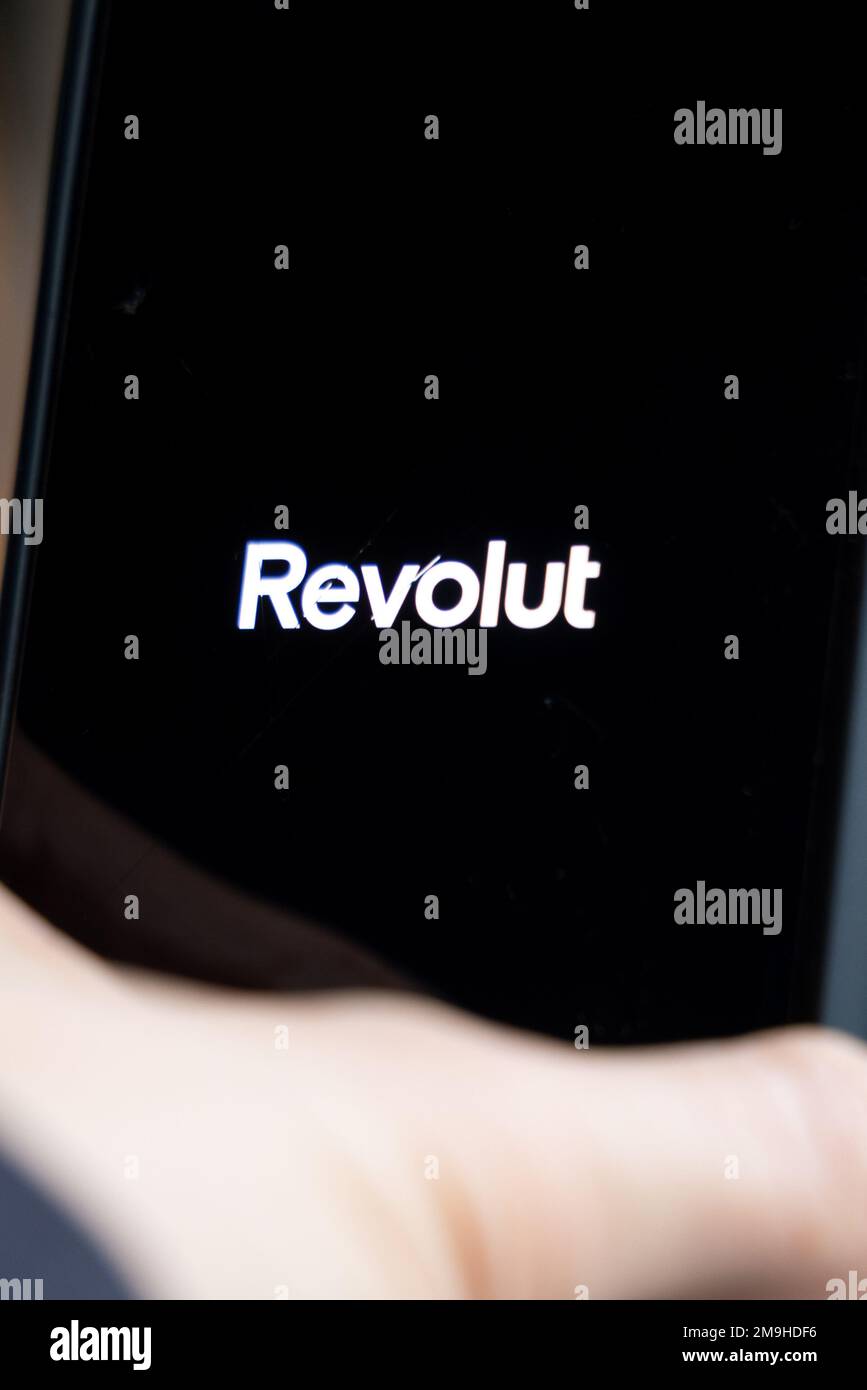 Amsterdam, Netherlands - 01.19.2021: Revolut app logo on iPhone screen ...