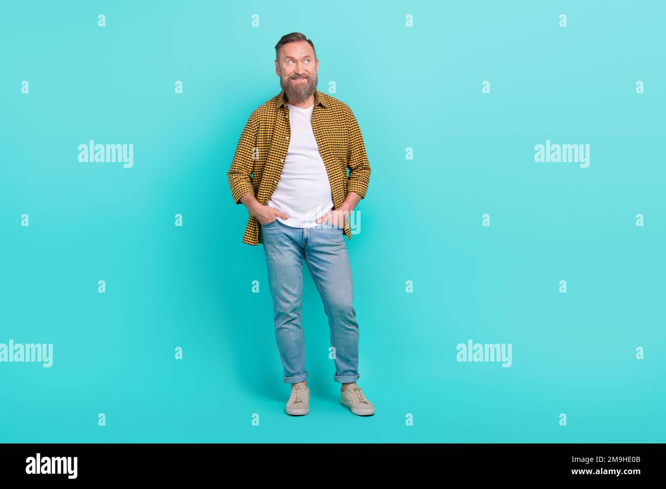 Photo of attractive retired man checkered clothes look empty space ...