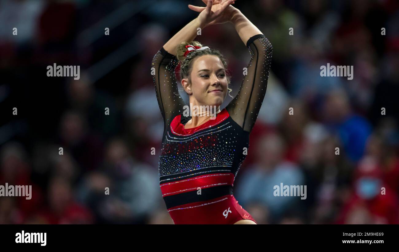 Utah gymnast Jaylene Gilstrap performs her floor routine during an NCAA ...