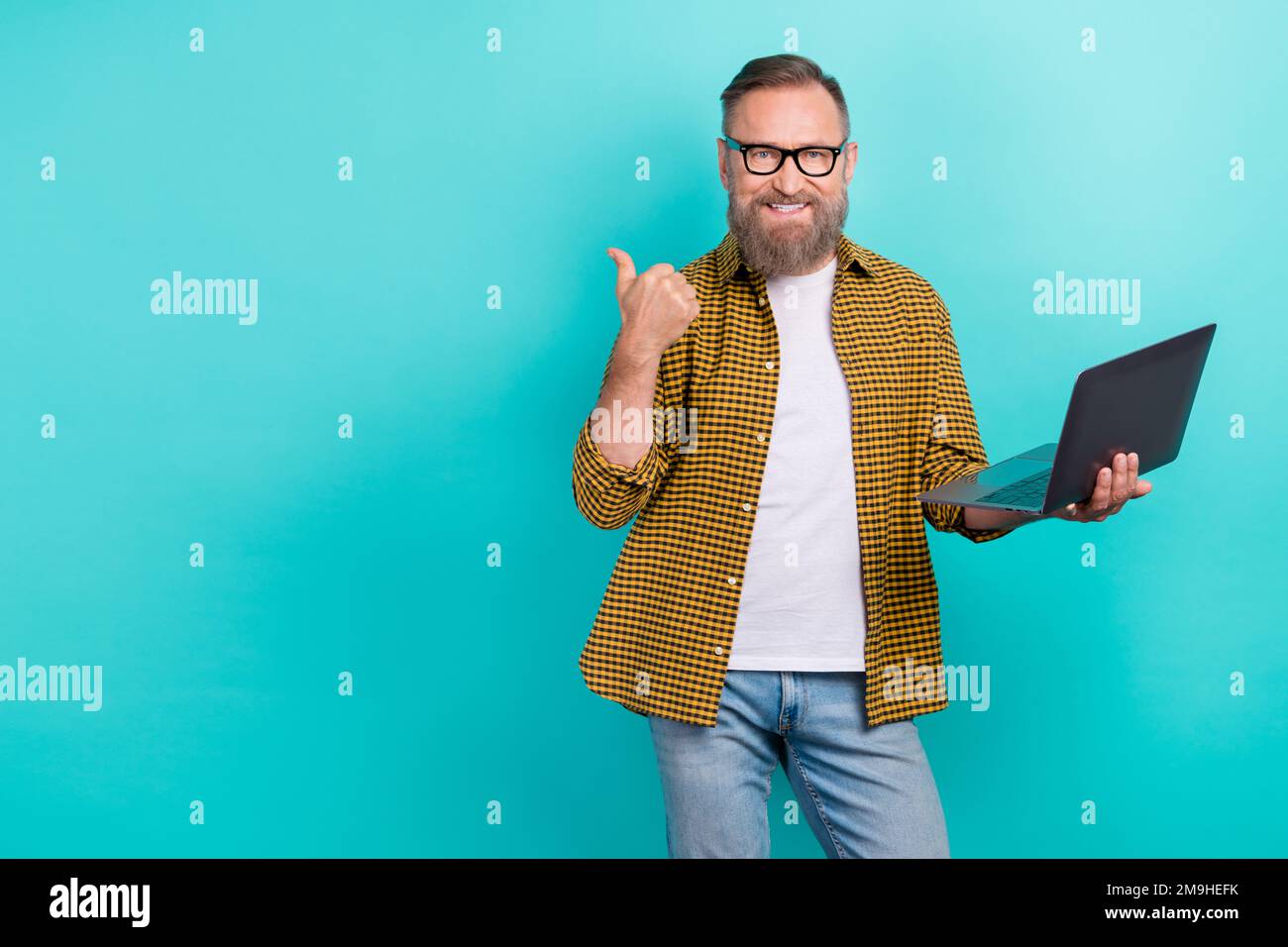 Photo of expert programmer middle age man stylish outfit show mockup ...